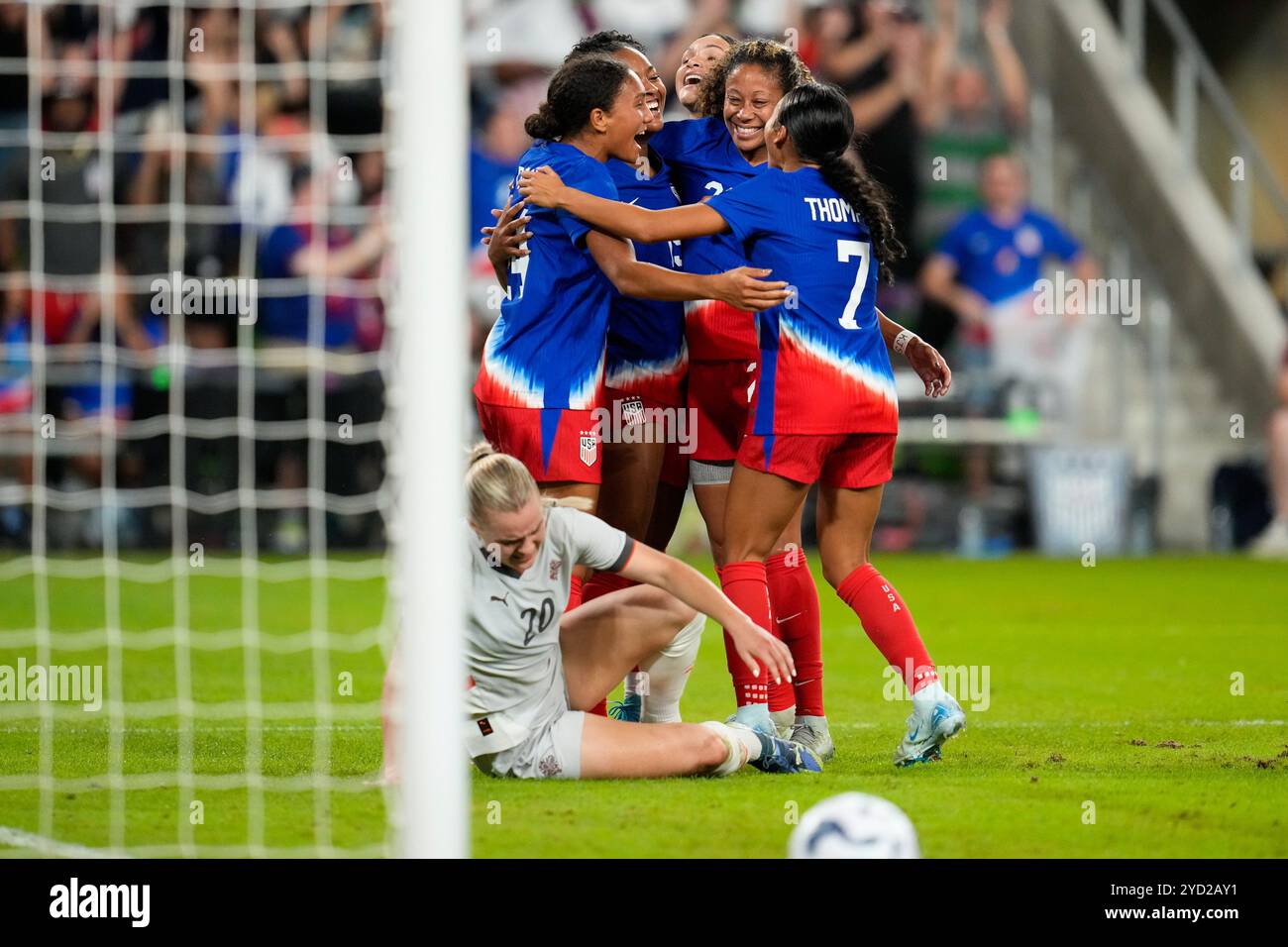 The United States Womenâ s National Team celebrates after Jaedyn Shawâ ...