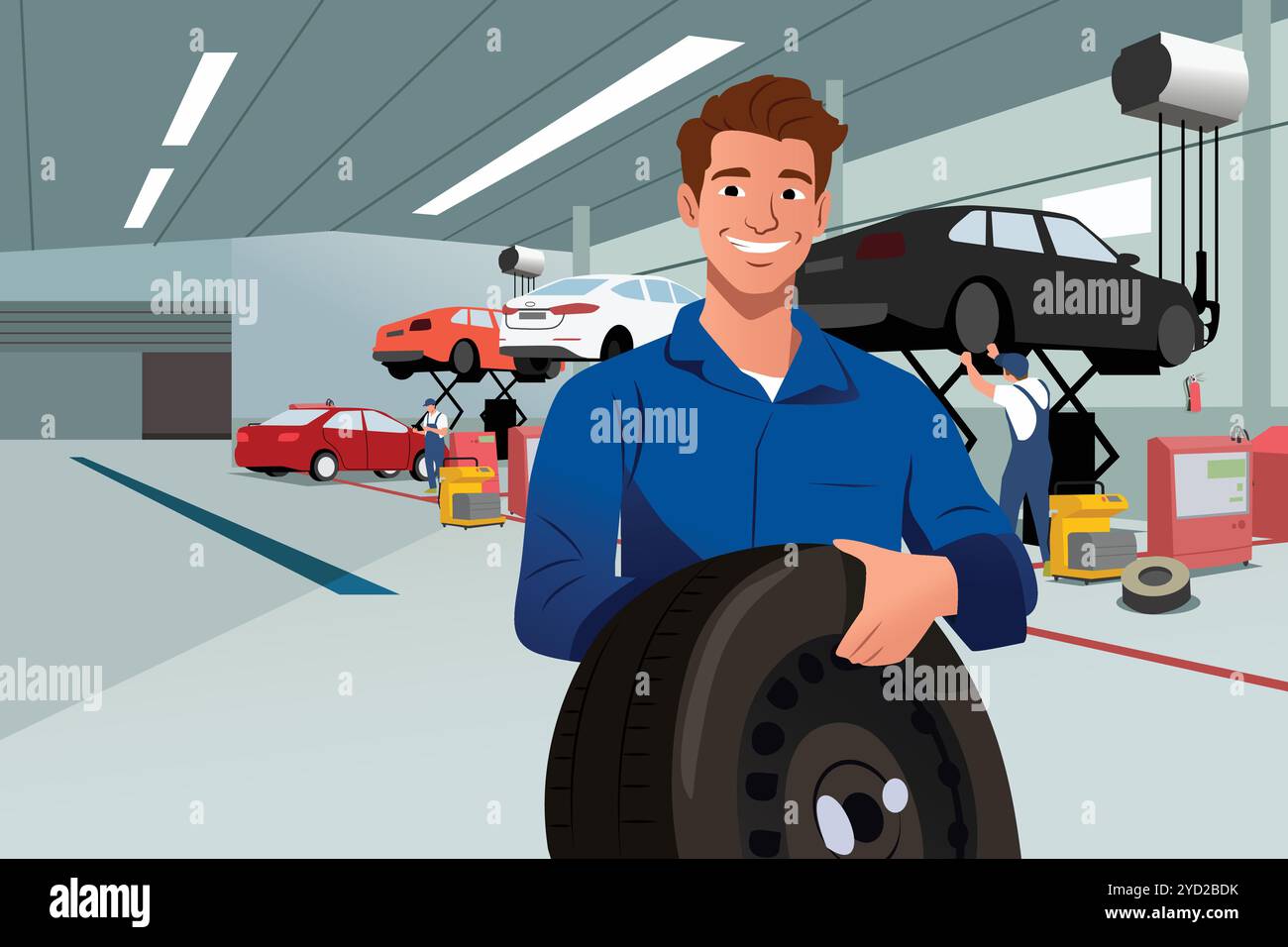 A vector illustration of Car Mechanic Working in a Garage Stock Vector ...