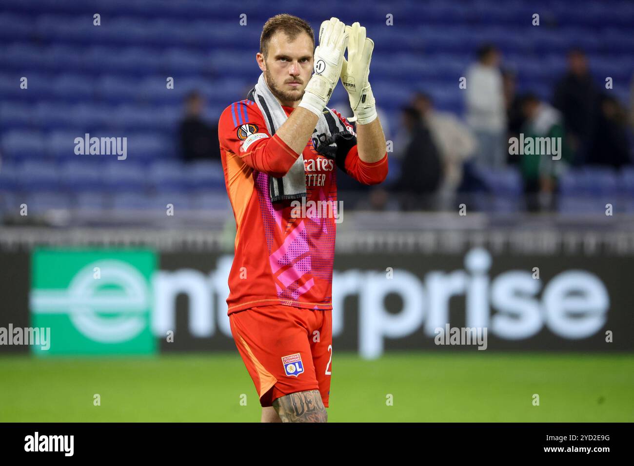 Lyon goalkeeper Lucas Perri salutes the supporters following the UEFA ...