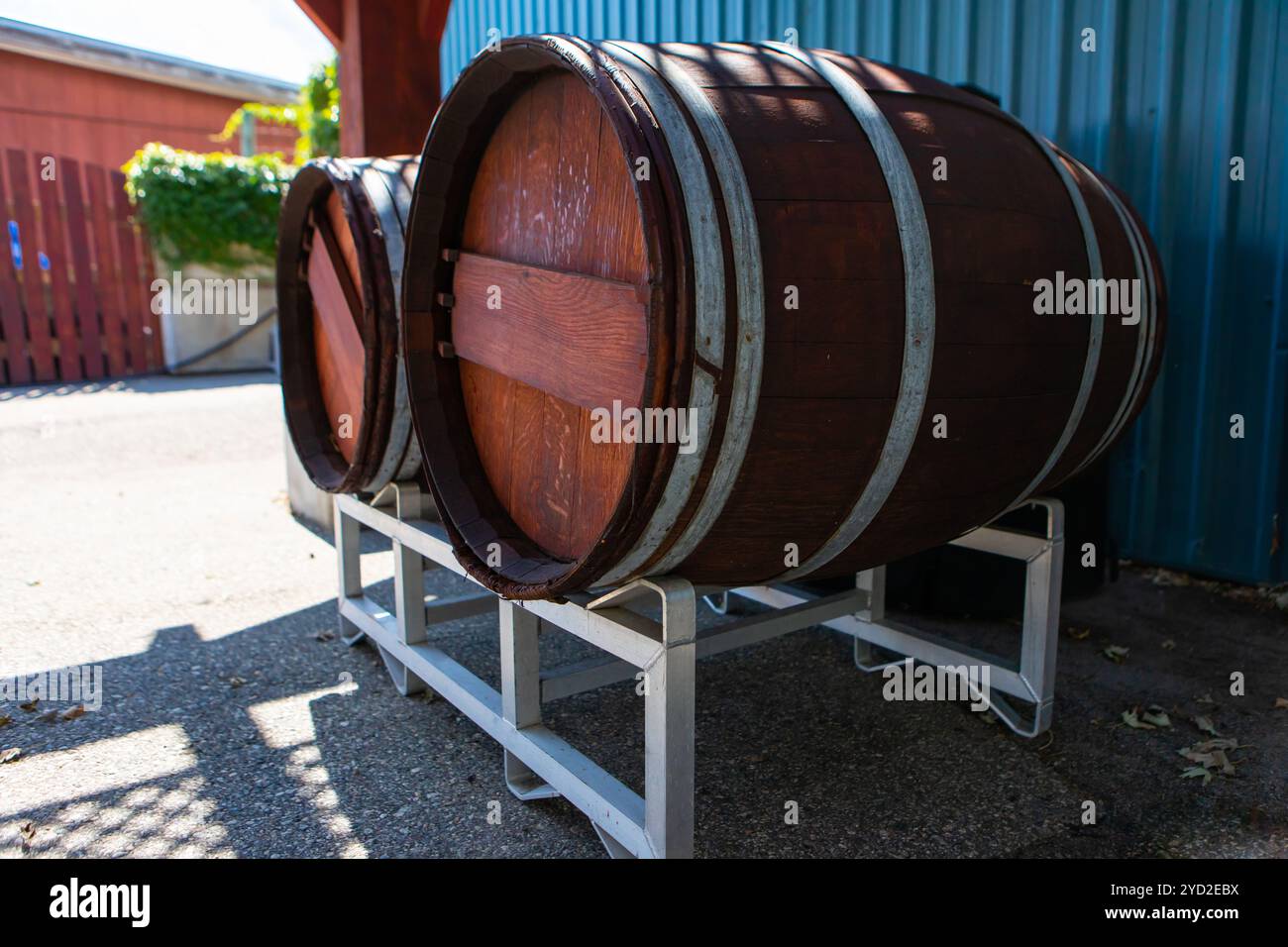 Two traditional big wooden wine barrels Stock Photo - Alamy