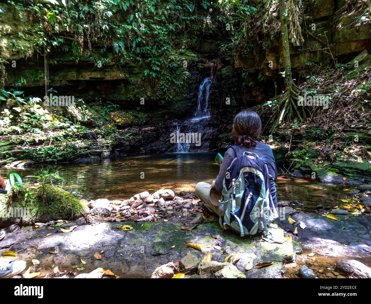 Refreshing stop at a small waterfall during a walk through the Amazon ...