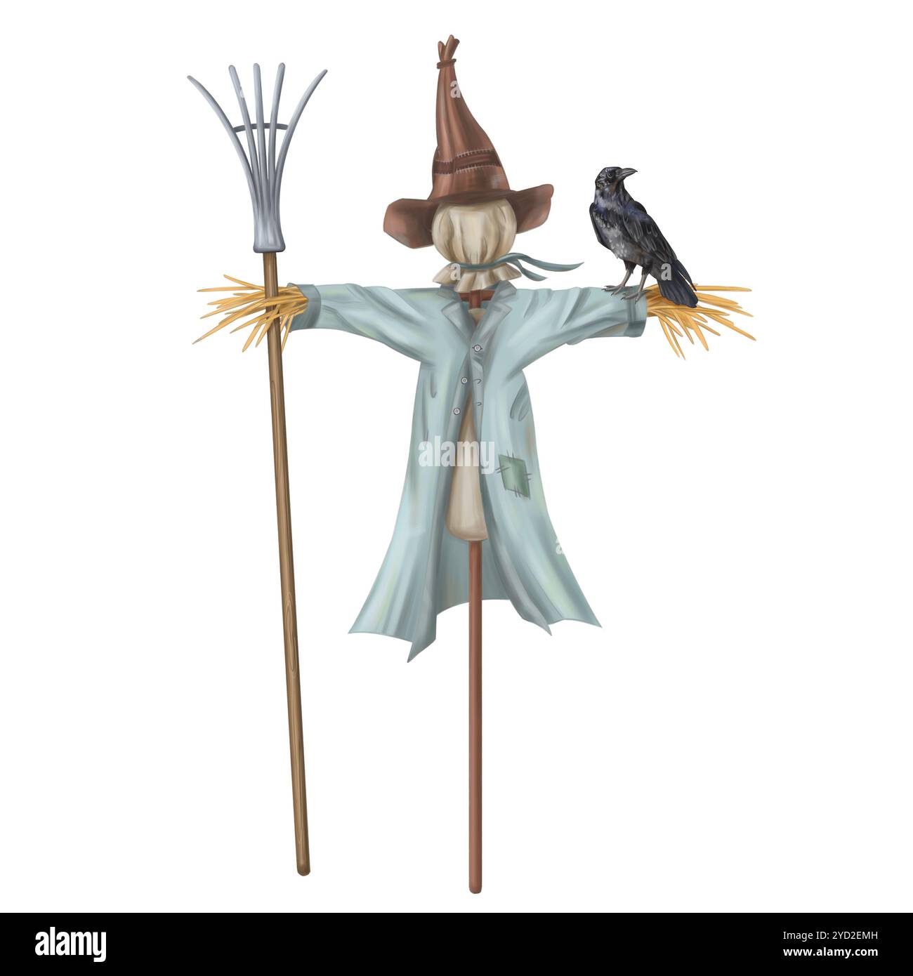 A scarecrow in a blue raincoat and hat with a pitchfork and a black ...