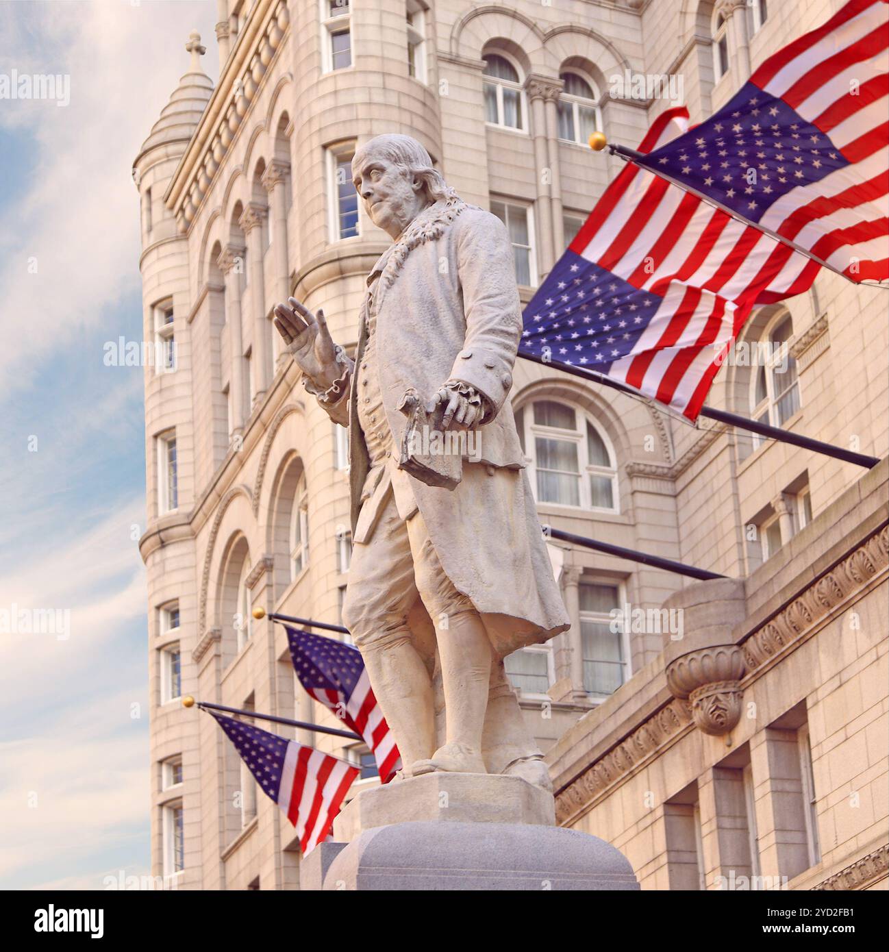 Benjamin Franklin Statue surrounded by American flags, Washington DC ...
