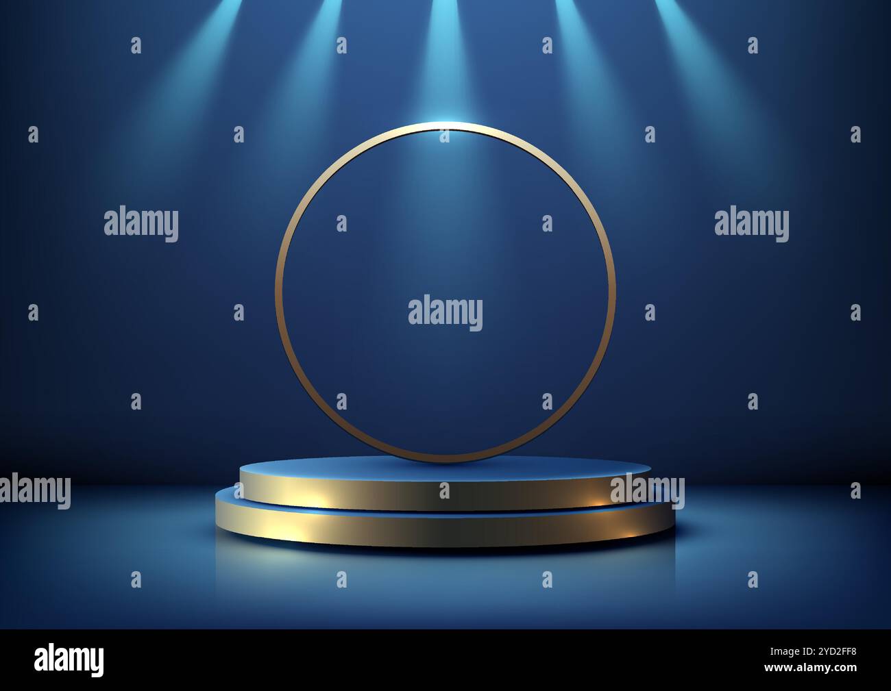 3D gold circular podium with a golden frame illuminated by blue ...