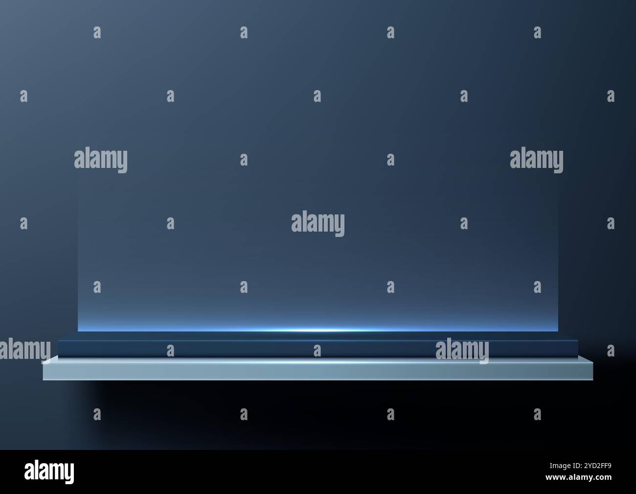 3D minimalist design features a sleek blue shelf set against a dark ...