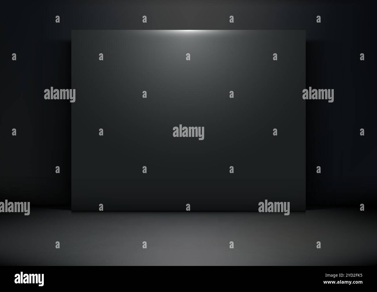 3D scene presents a dark room with a central black square backdrop ...
