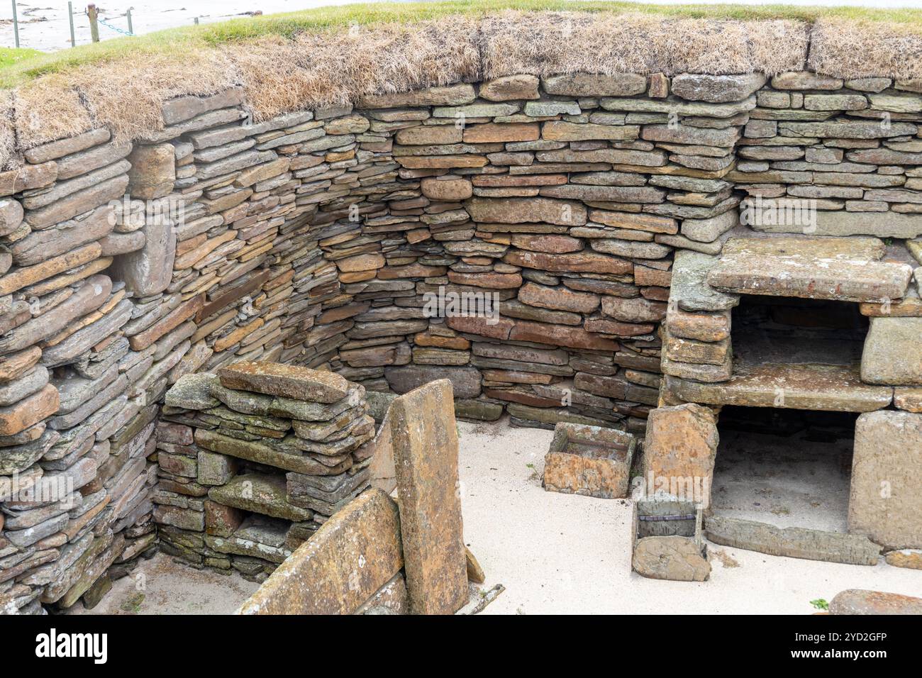 Close up view of an ancient dwelling in Skara Brae, a preserved 5,000 ...