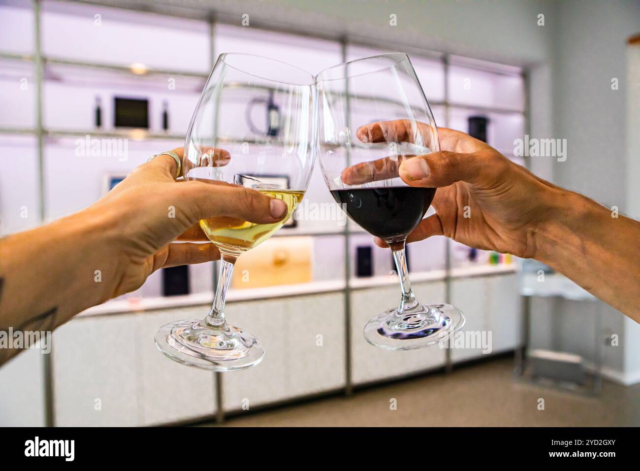 Red and white wine glasses cheering Stock Photo - Alamy