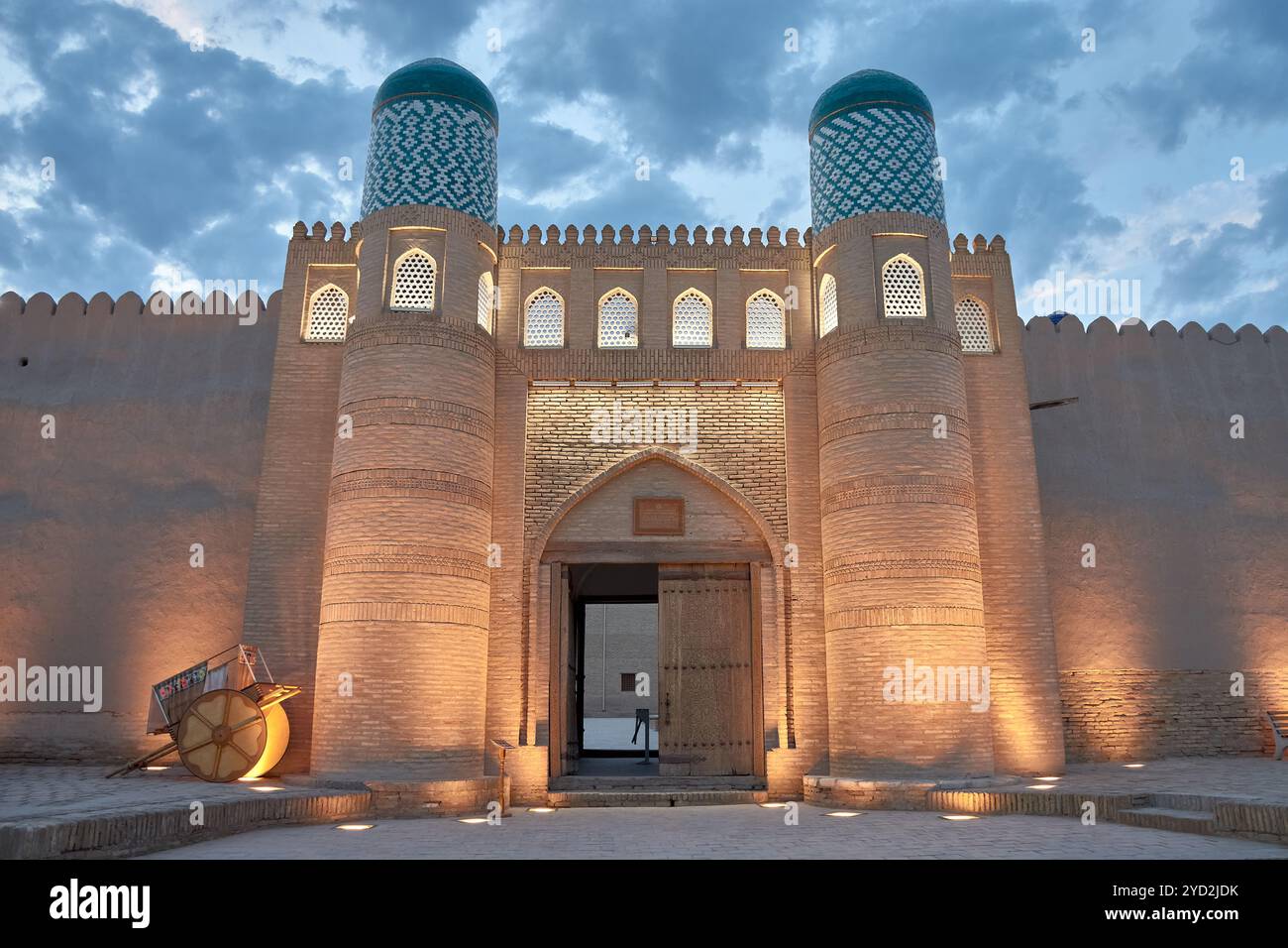 The illuminated main gate of the Khan’s Palace, Kunya Ark, during the ...