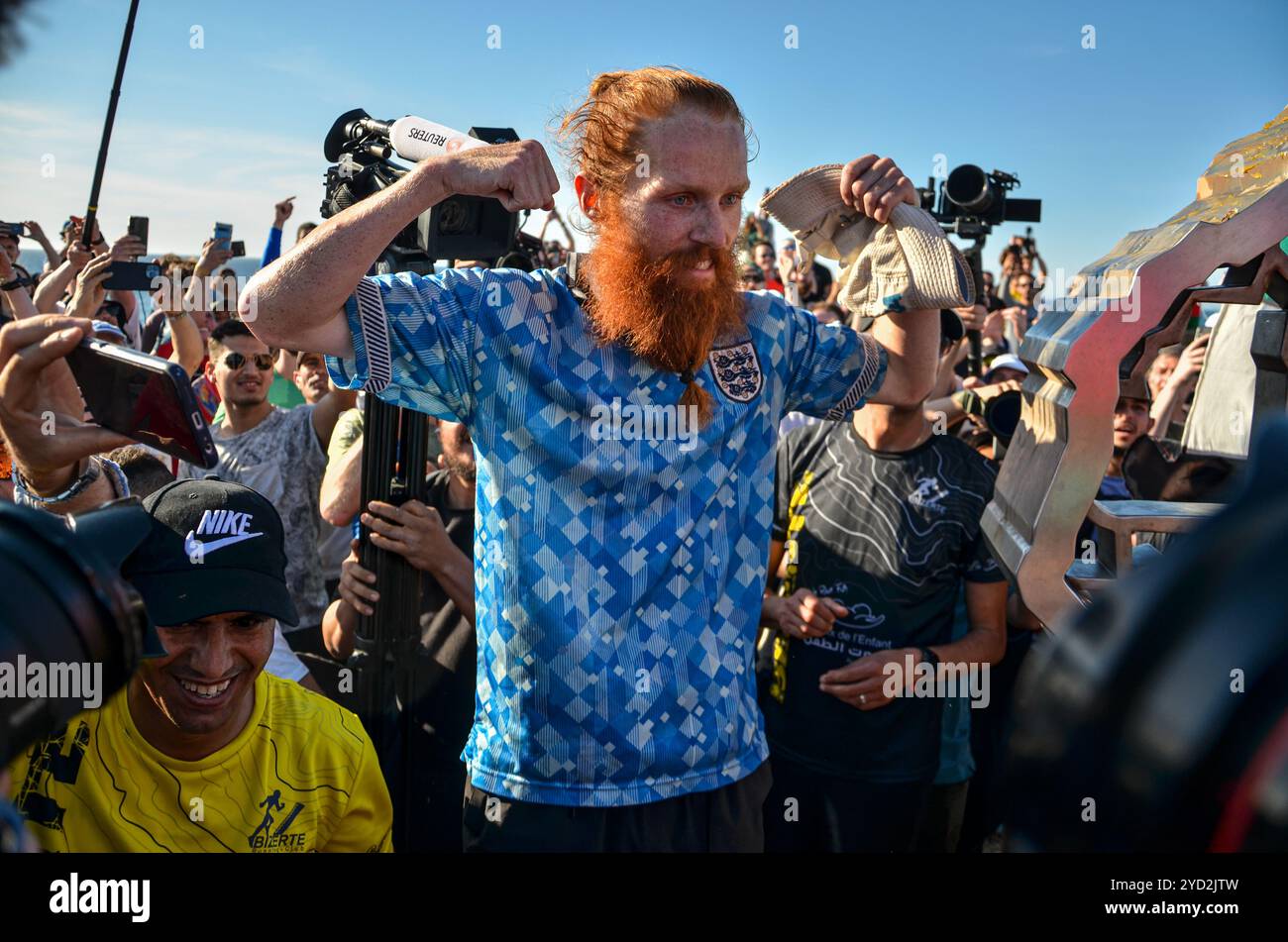 Cape Angela, Tunisia. 07 April 2024. Russ Cook arrives at Cape Angela ...