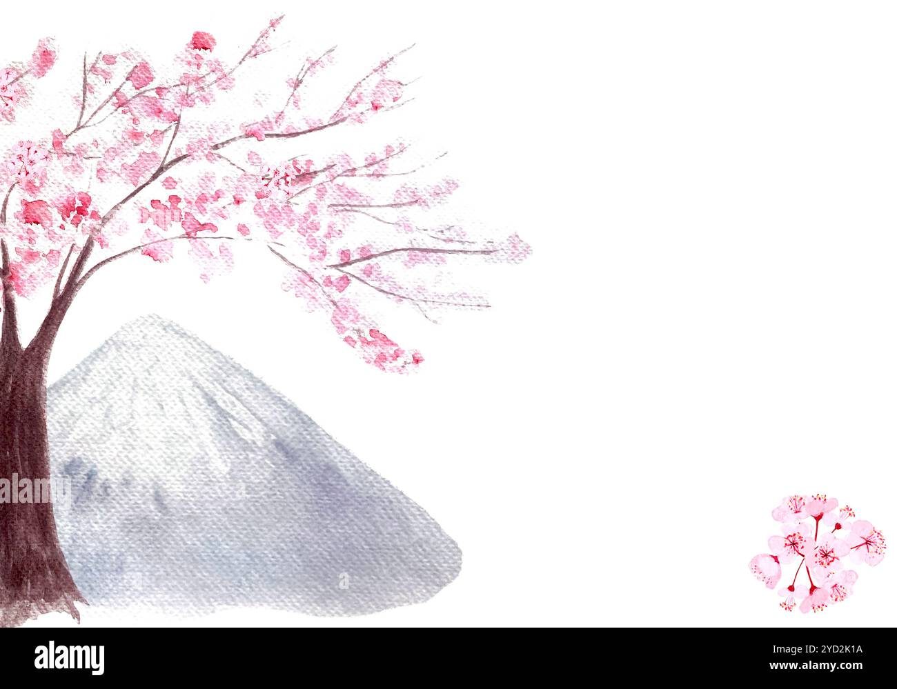 Pink sakura tree and a mountain horizontal card isolated on white ...