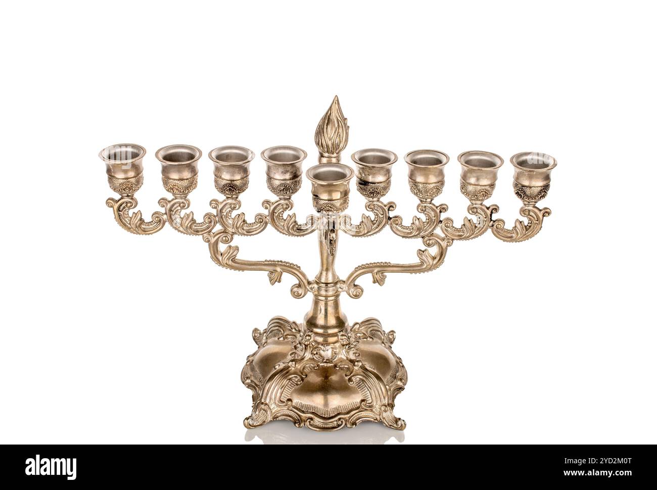 Menorah, metal golden seven-barrel lamp, or seven-candlestick, macro ...