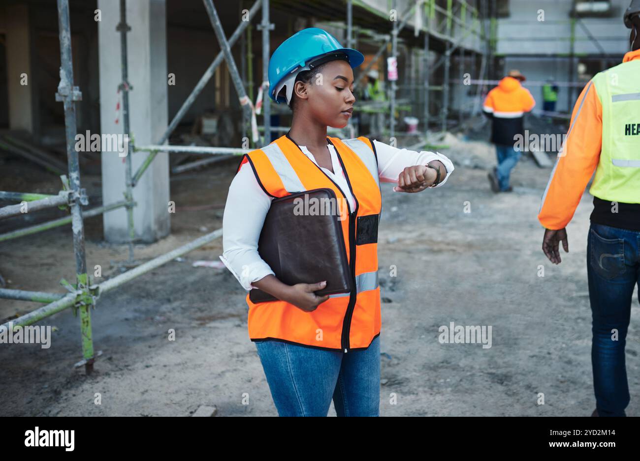 Watch, woman or architecture with construction site, time schedule and ...