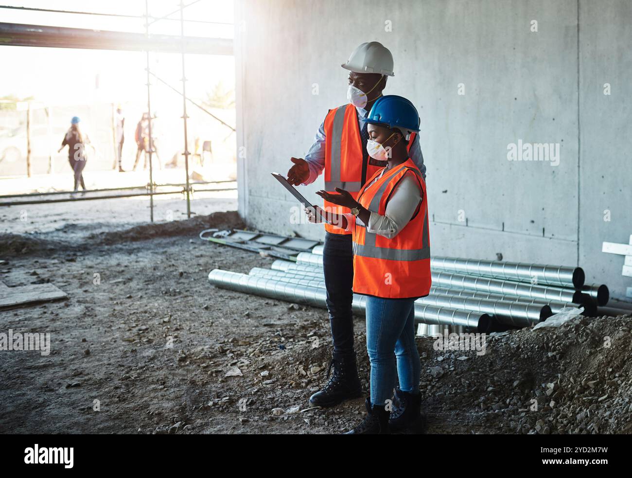 Construction site, architecture and black people with checklist for ...