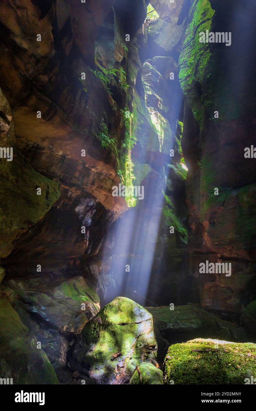 Light beams stream through like spot lights into the canyon Stock Photo ...