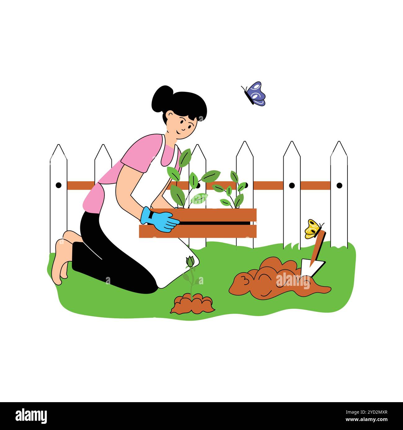 Gardening girl planting flowers, flat illustration of plantation Stock ...