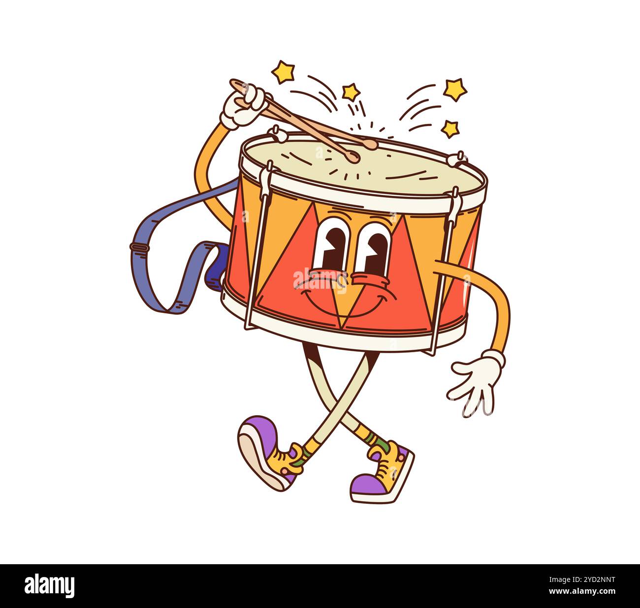 Cartoon drum groovy musical instrument character with sticks promotes ...