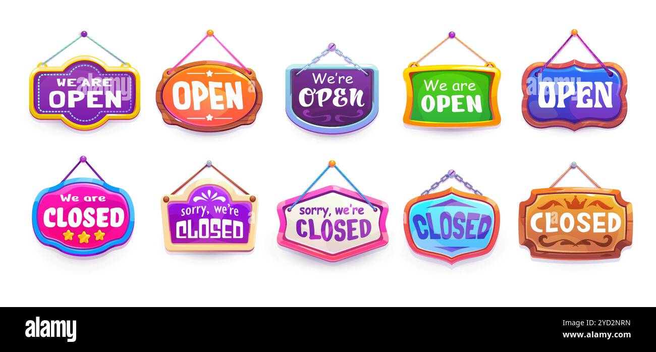 Board signs, open and closed shop notice signboards, vector icons for ...