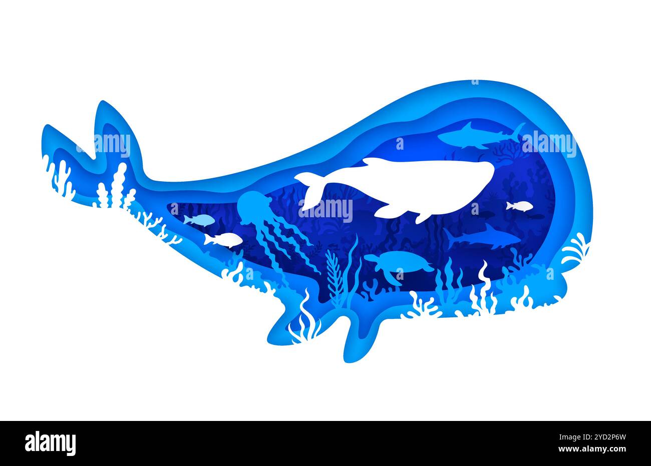 Paper cut underwater landscape with whale silhouette and sea animals ...