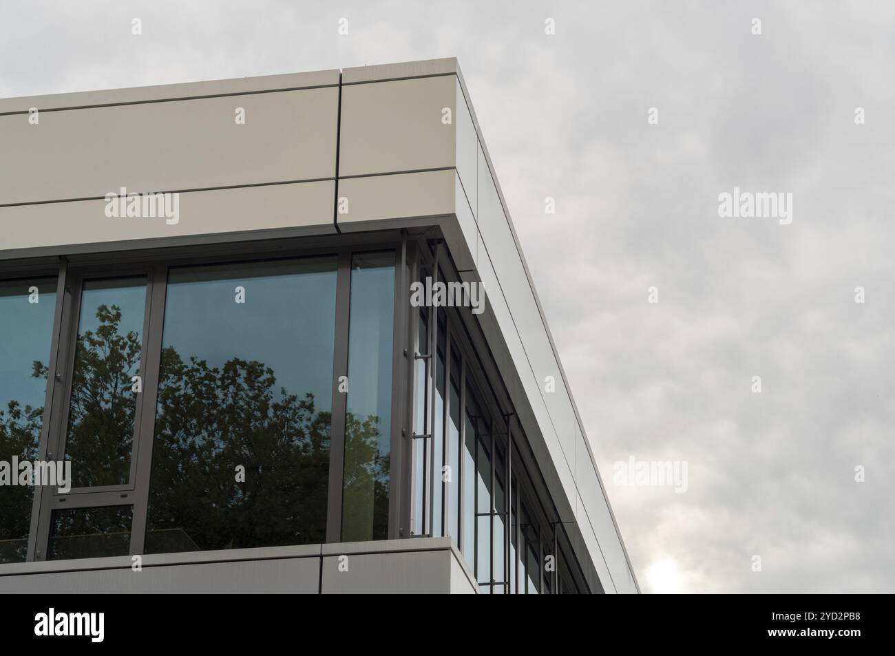 Modern office building with glass windows reflecting trees on a cloudy ...