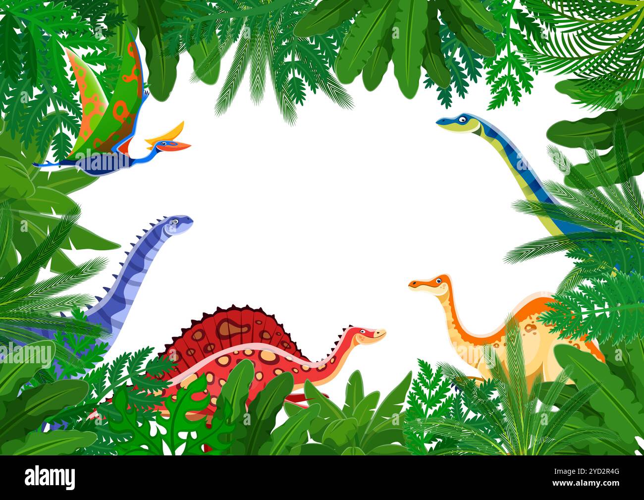 Jungle forest frame with prehistoric dinosaurs and dino lizards, vector ...