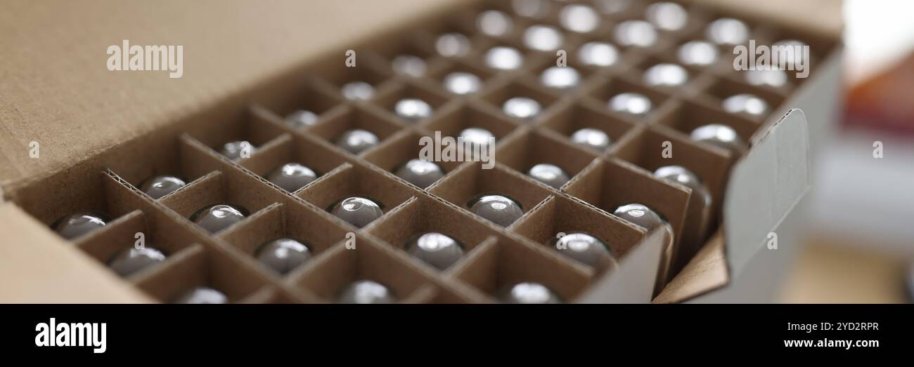 Open cardboard box with glass test tubes in scientific laboratory ...