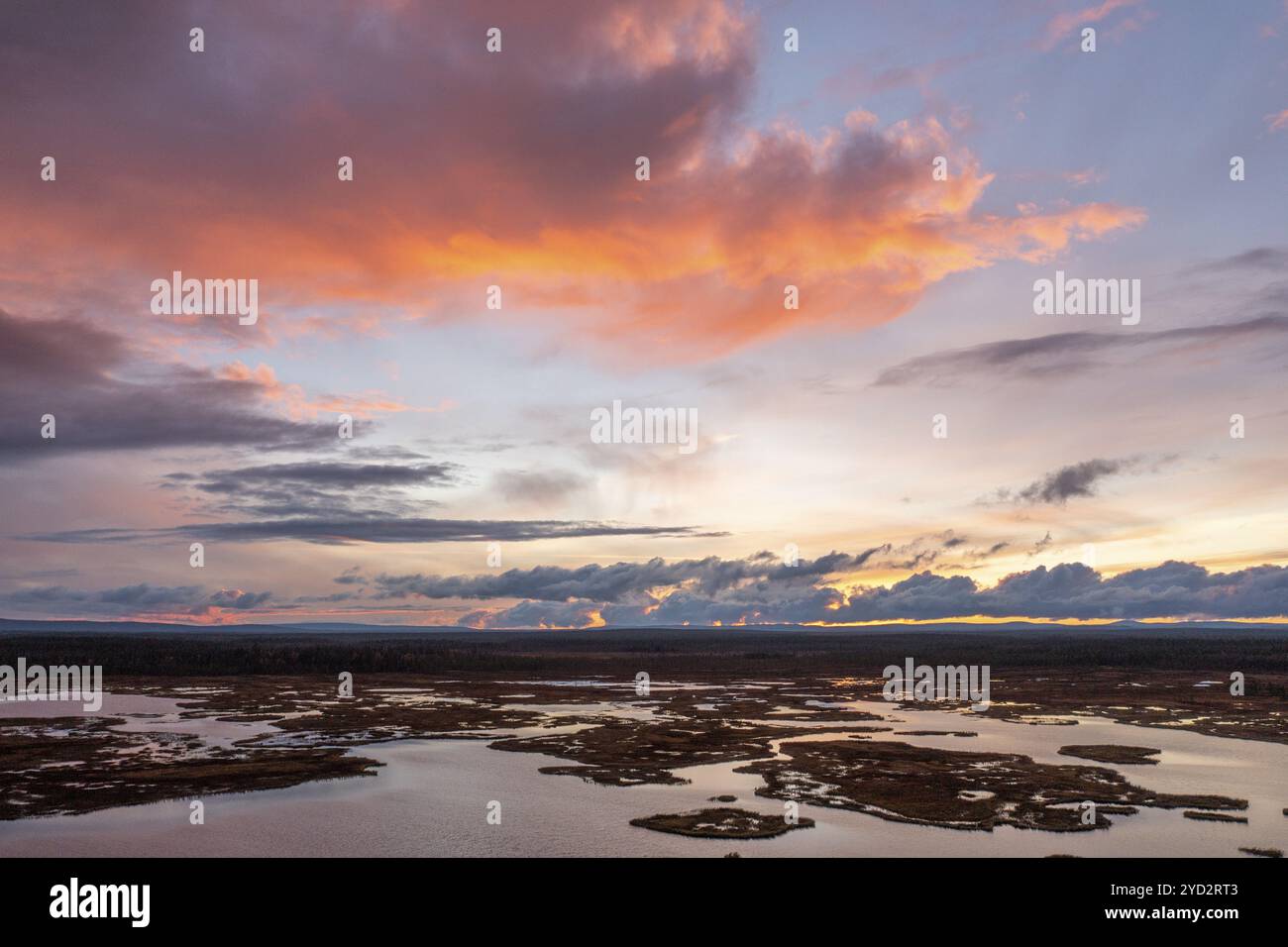 Sunset, drone shot, aerial view, lakes, moor landscape, Lapland ...