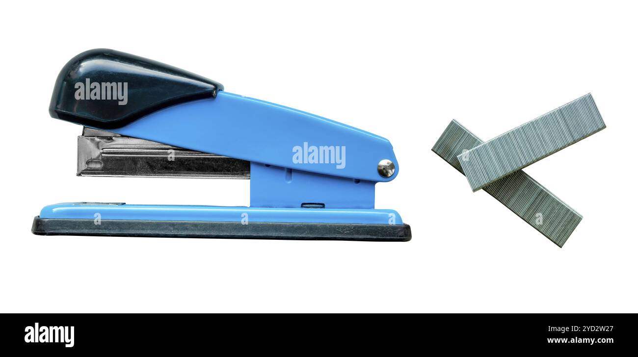 Isolated Blue Stapler And Staples On A White Background Stock Photo - Alamy