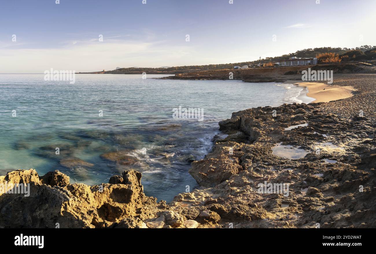 High key landscape view of the pictureque beach and cove at Cala Comte ...