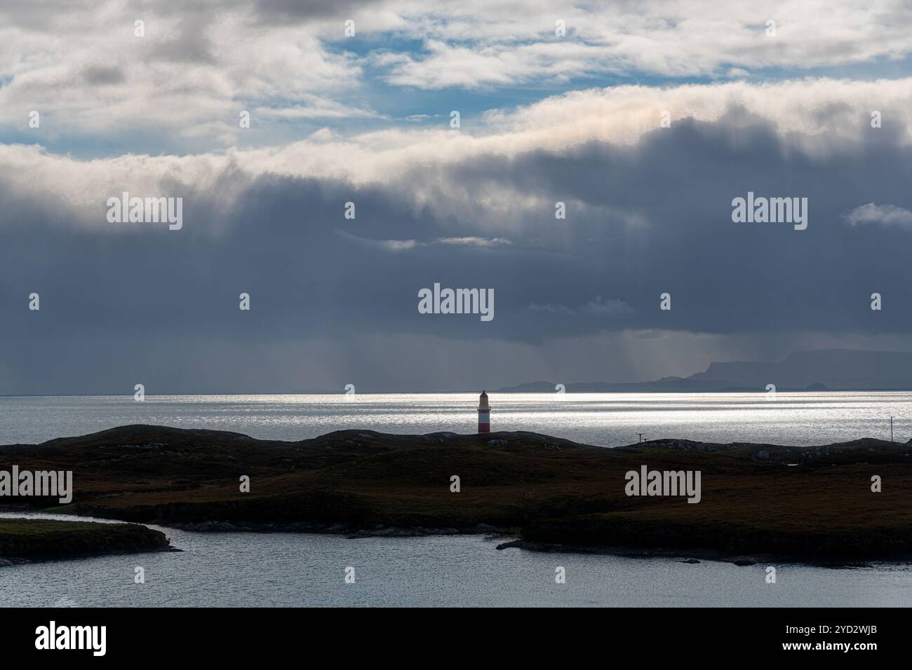 Looking out across the Minch to the Isle of Skye, the red and white ...