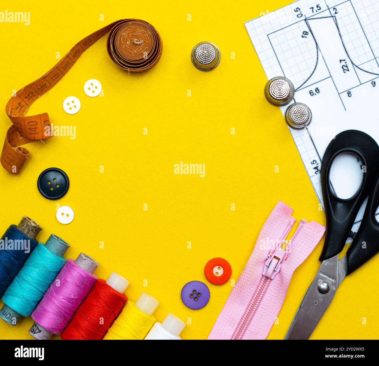 Layout sewing. needlework, craft, sewing and tailoring concept - box ...