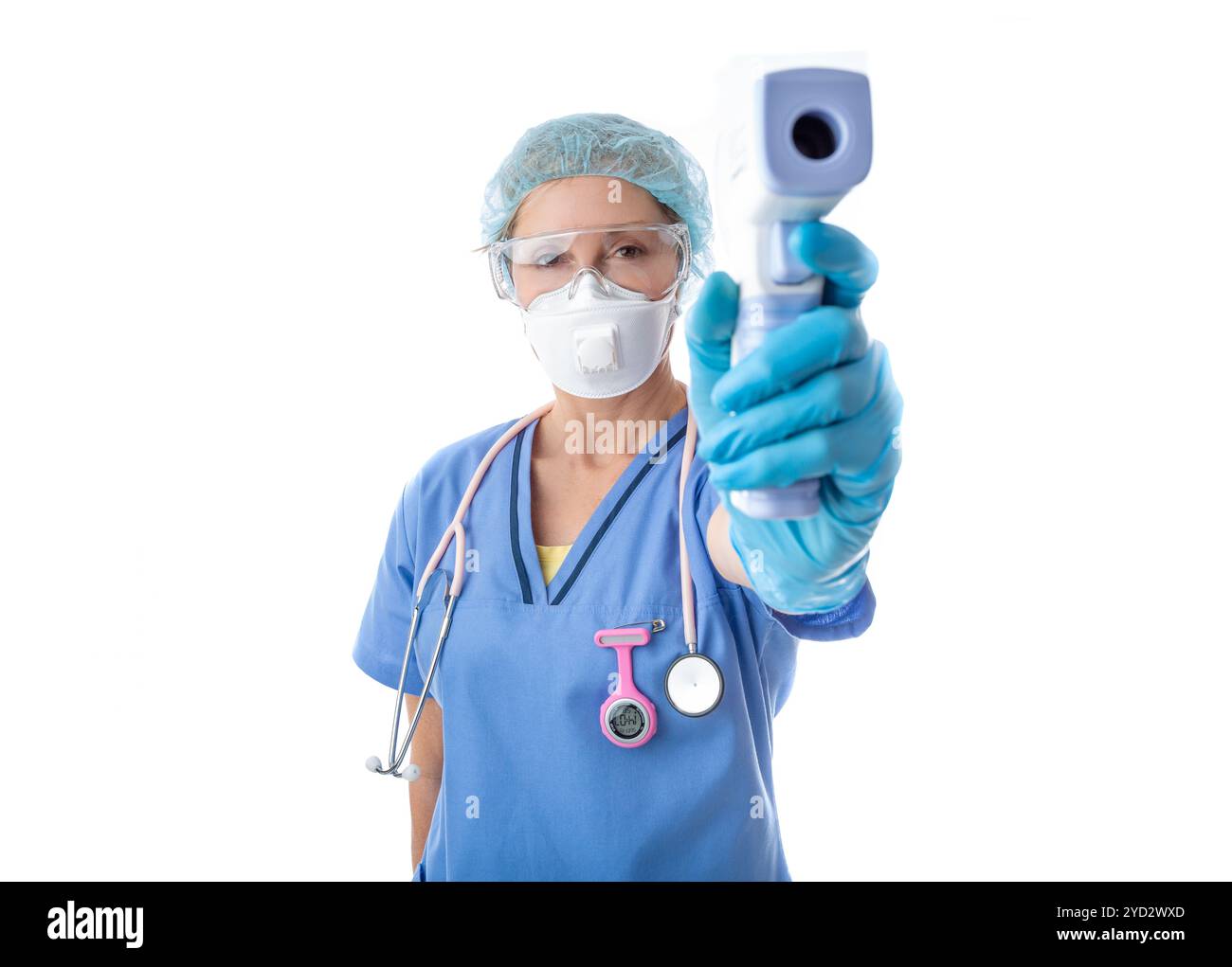 Medical nurse taking a temperature check for fever with infrared ...