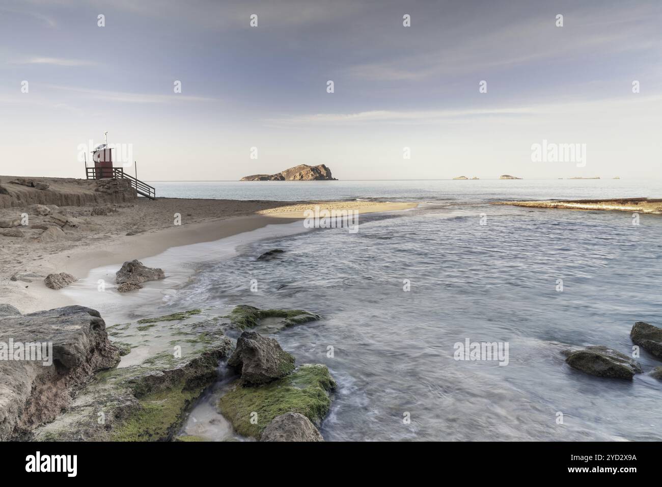 High key landscape view of the pictureque beach and cove at Cala Comte ...