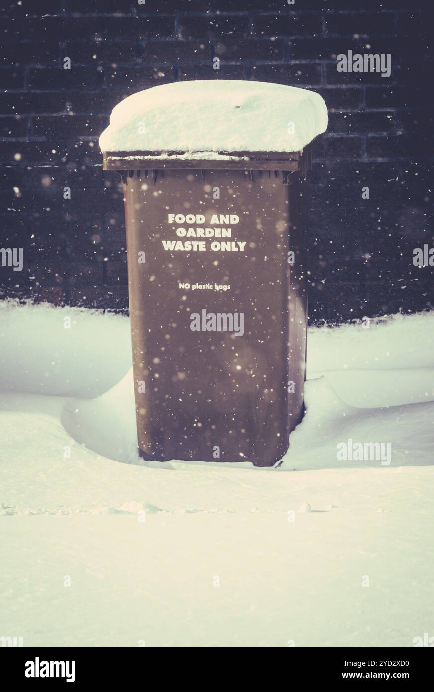 Snow Lying On A Recycling Wheelie Bin (Trash Can) In The UK During A ...