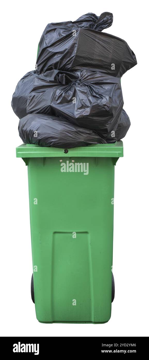 A Green Wheelie Bin, Overflowing With Bin Bags (Trash), Isolated On A ...