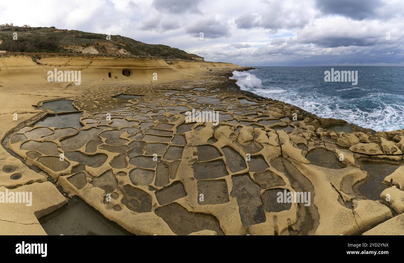 A view of the salt pans in Xwejni Bay on the Maltese island of Gozo ...