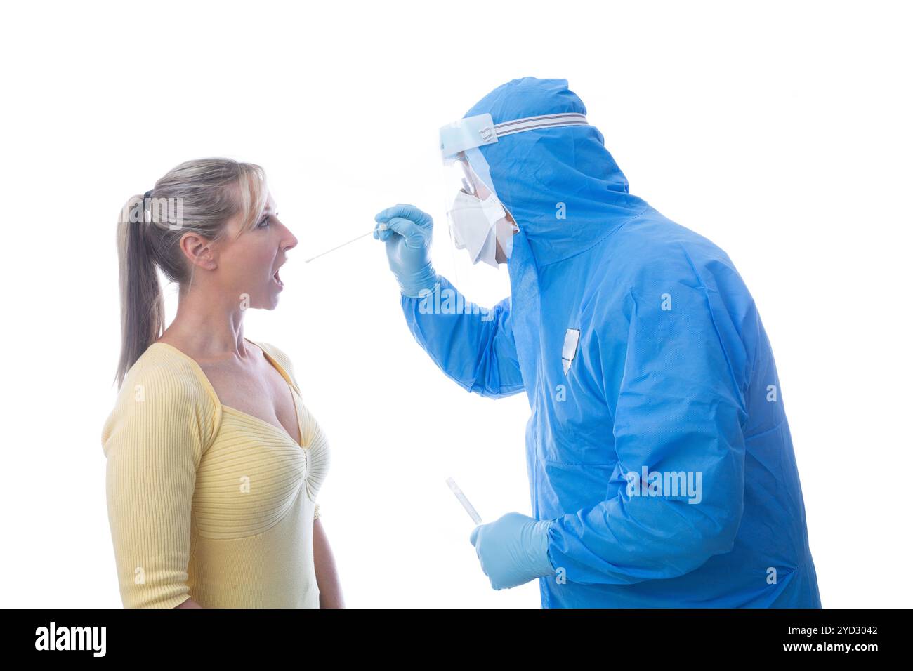 Medical pathologist swabbing a patient for an infectious virus or ...