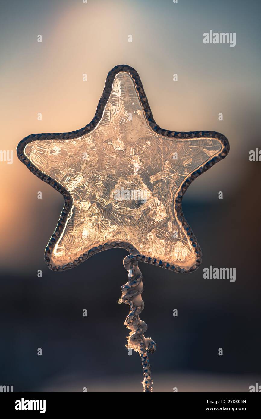 concept winter, frost. beautiful frosty patterns on a star shape, soap ...