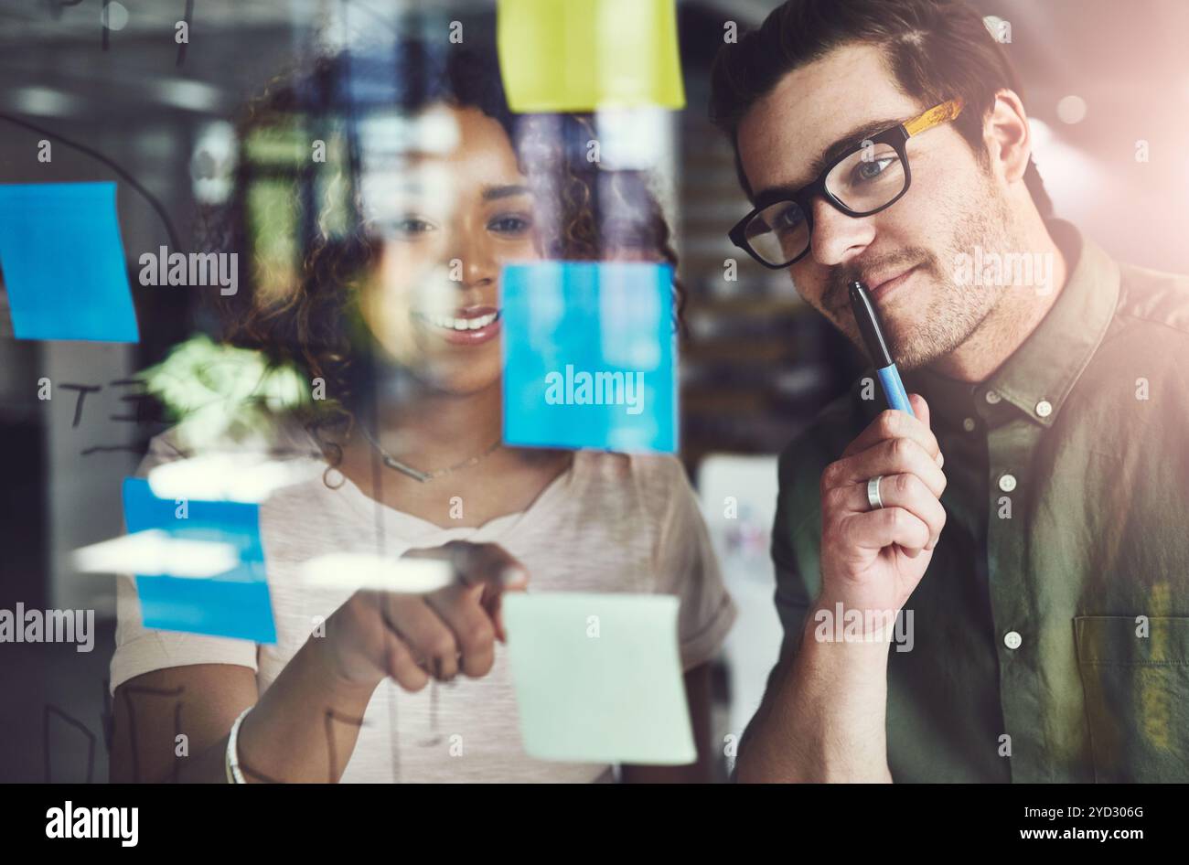 Business people, thinking and schedule planning with glass board for ...