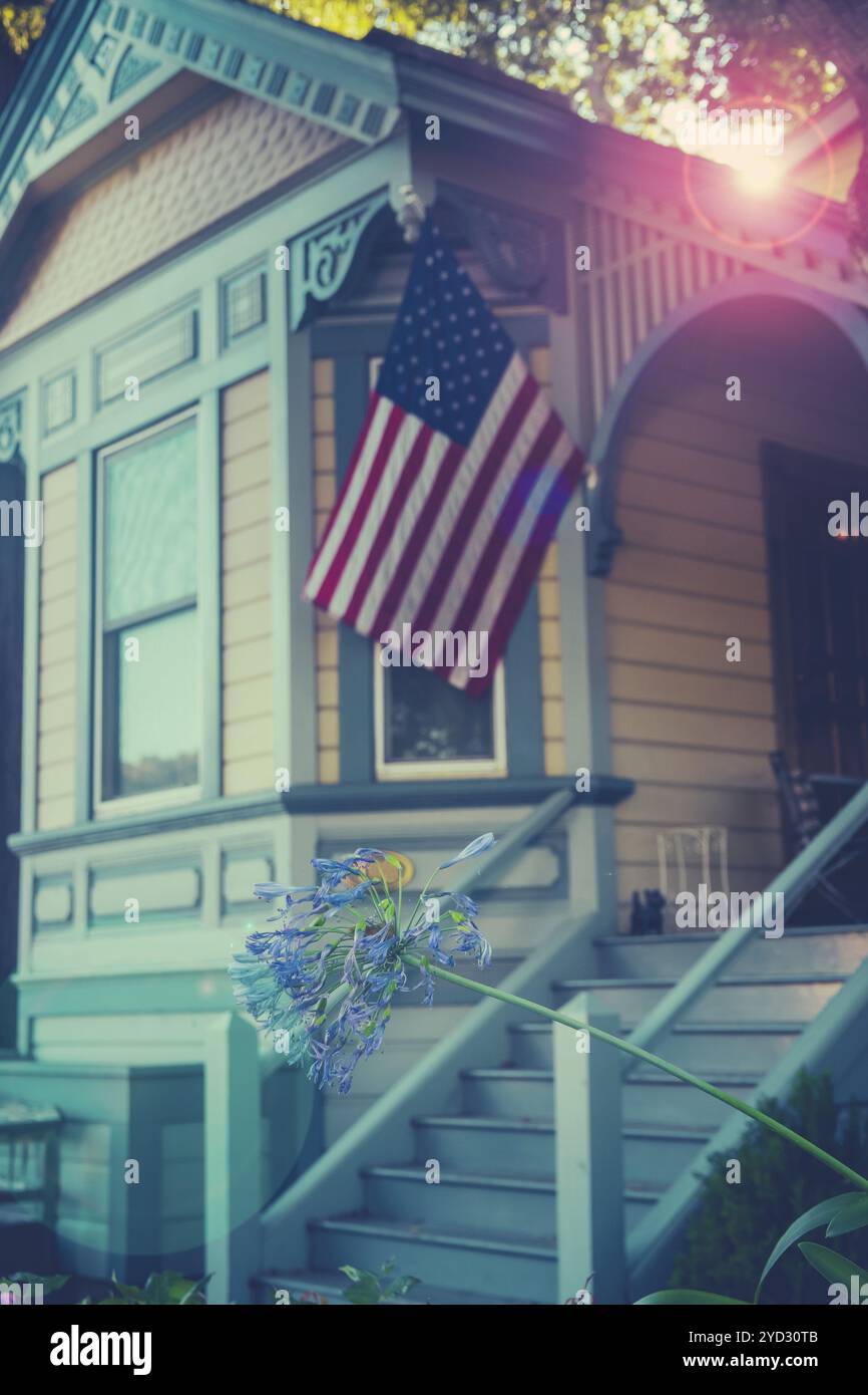 Retro Style Quintessential American Home Proudly Flying The USA Flag ...