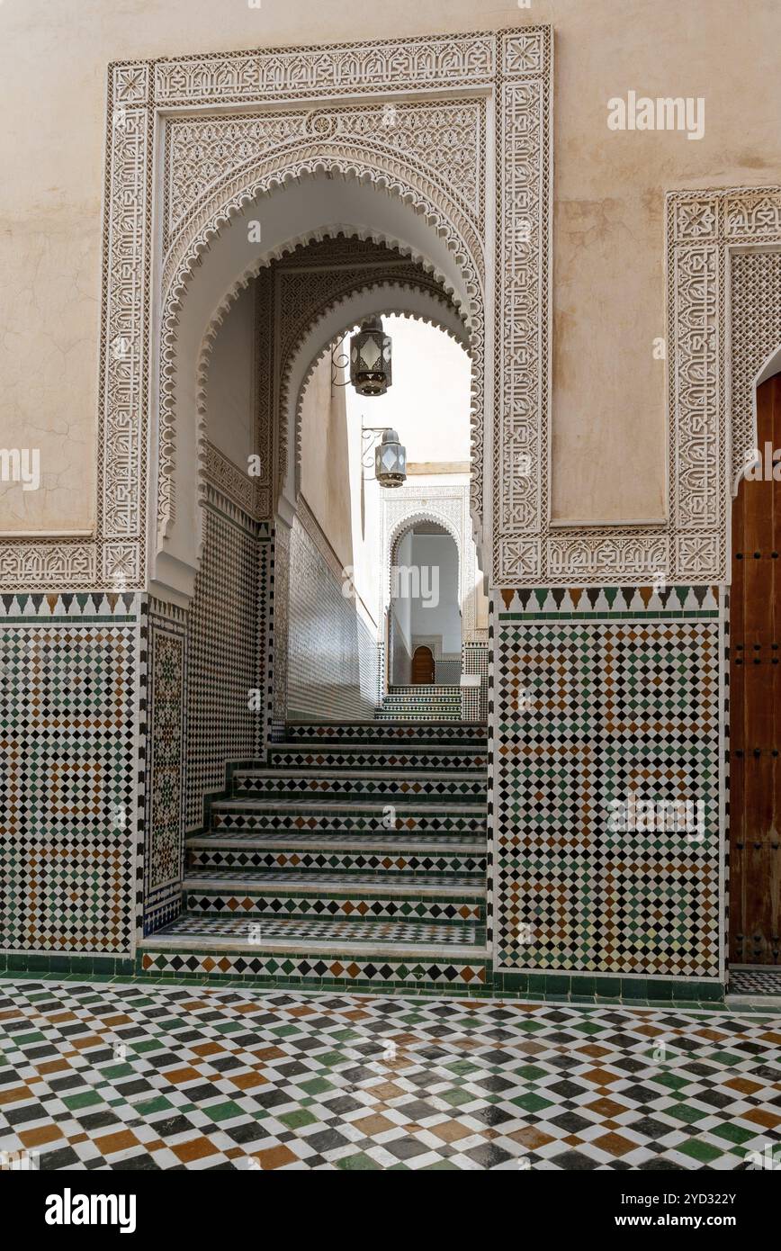 Meknes, Morocco, 5 March, 2024: interior view of the Bou Inania Madrasa ...