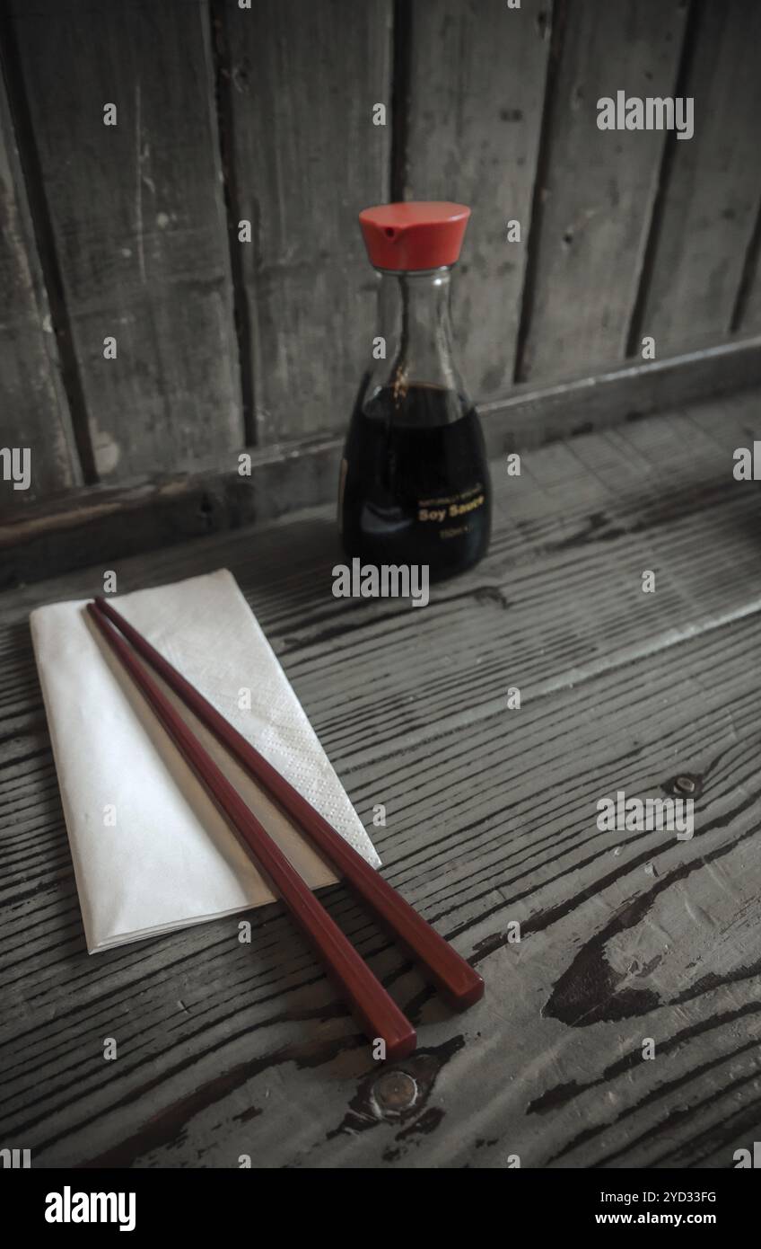 Detail Of An Asian Restaurant Counter Table WIth Soy Sauce, Chopsticks ...