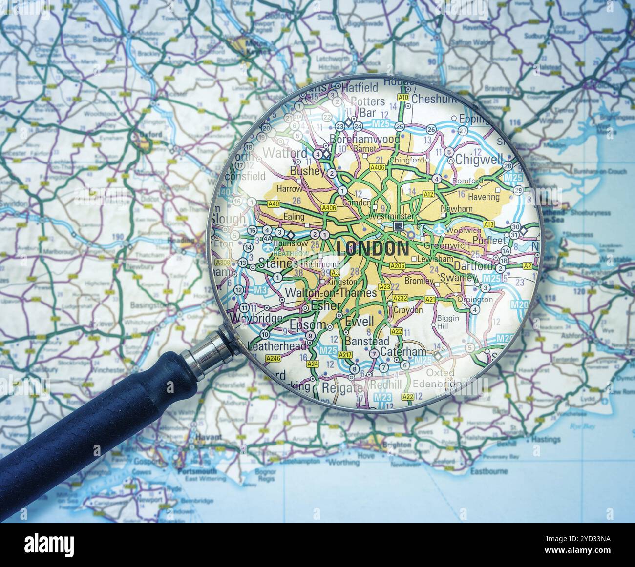 Detail Of A Magnifying Glass Over A Road Map Of London, England, United ...