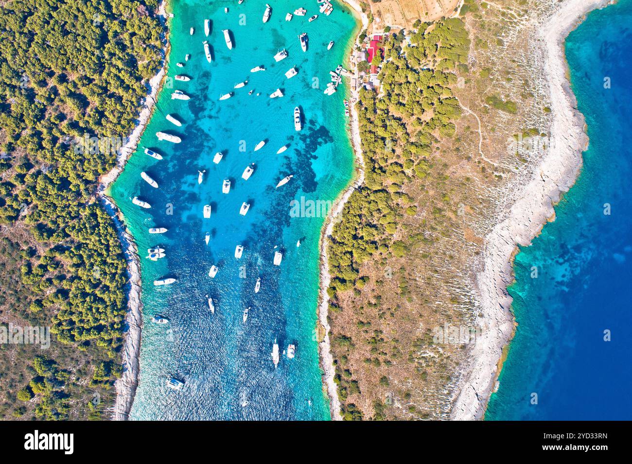 Aerial view of Palmizana, sailing cove and turquoise beach on Pakleni ...