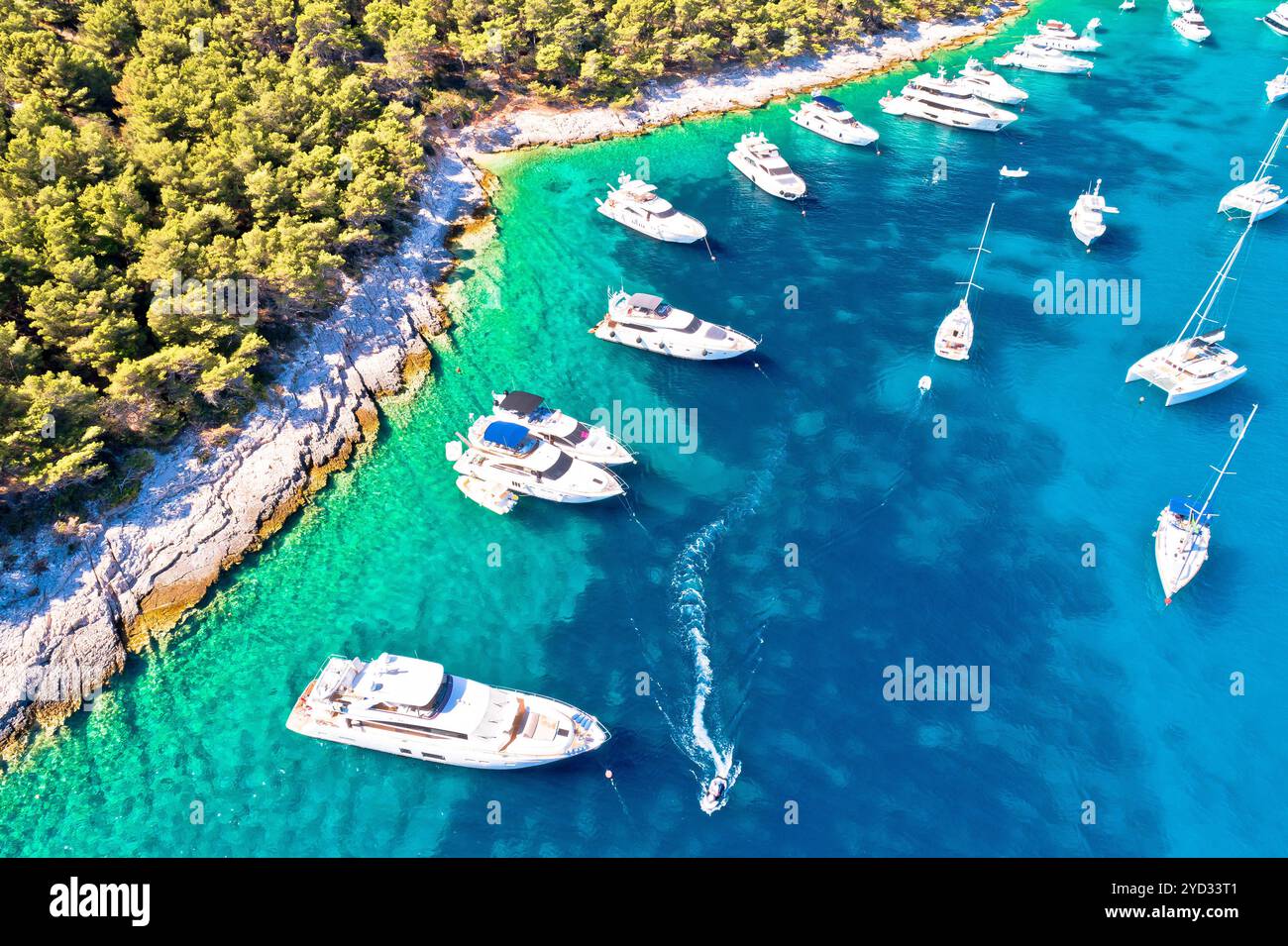 Aerial view of Palmizana, yachting cove and turquoise beach on Pakleni ...