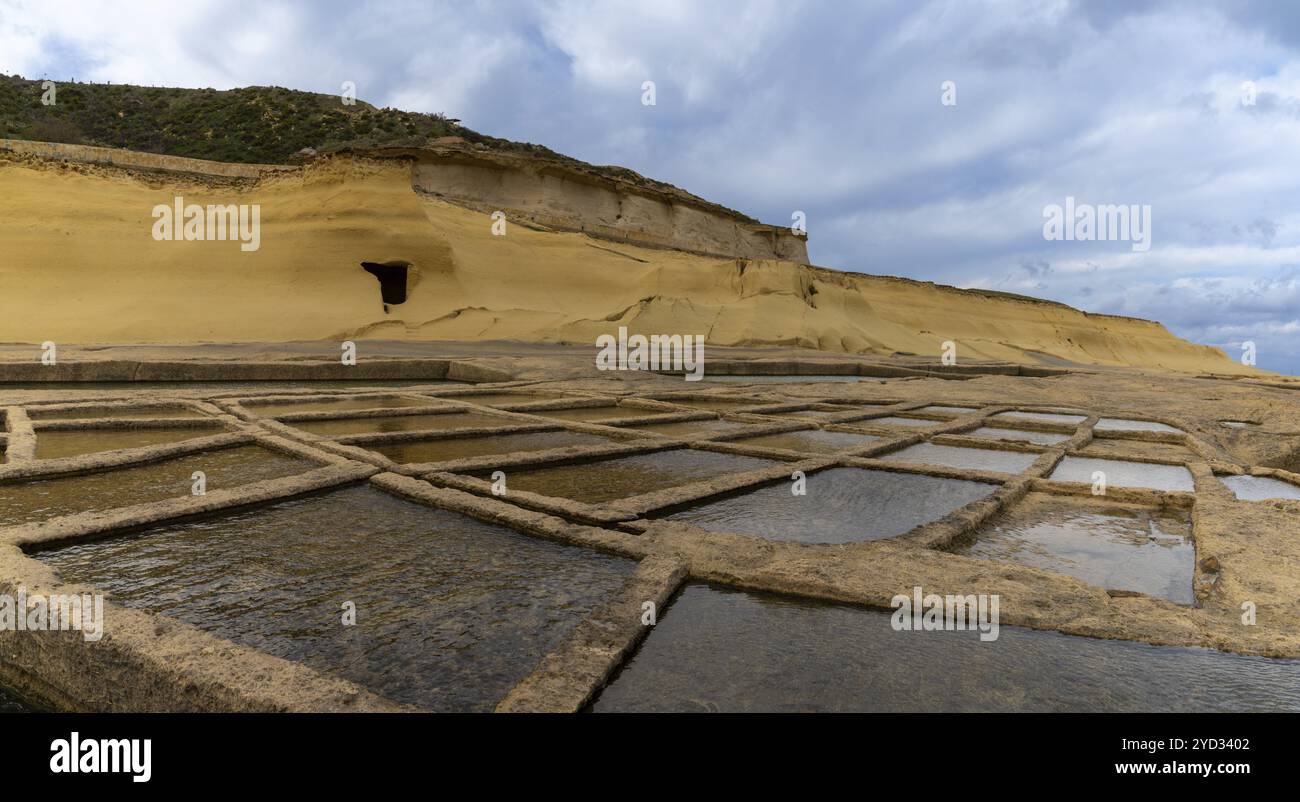 A view of the salt pans in Xwejni Bay on the Maltese island of Gozo ...