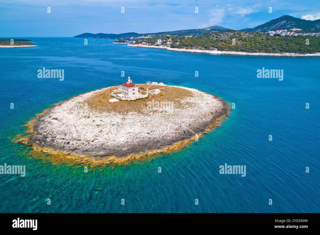 Pokonji Dol Lighthouse in Hvar island archipelago aerial view, Dalmatia ...
