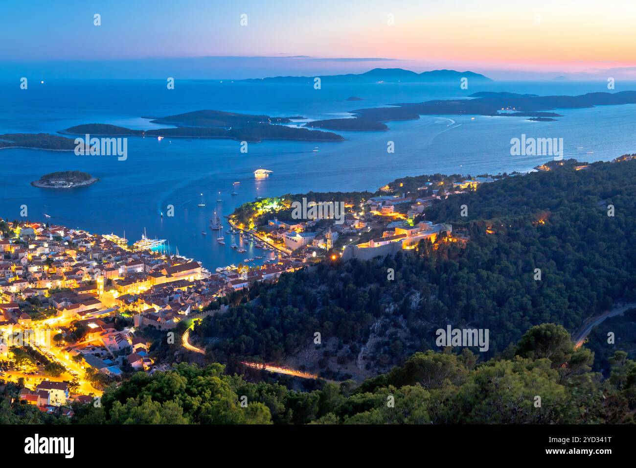 Island of Hvar and Pakleni islands archipelago bay aerial evening view ...