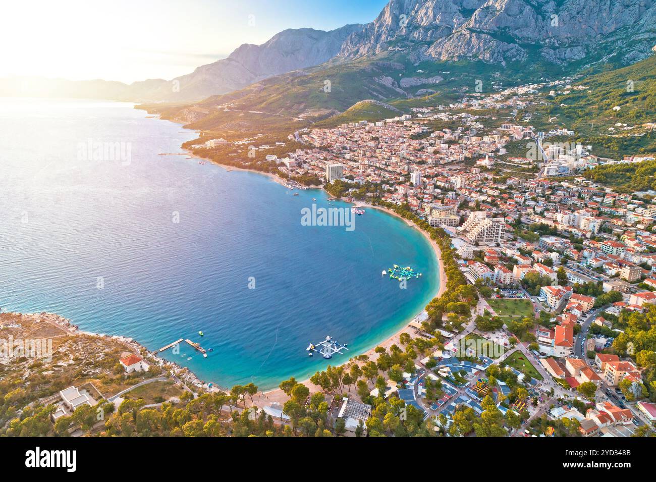 Makarska. Tourist city of Makarska aerial view of beaches and Biokovo ...