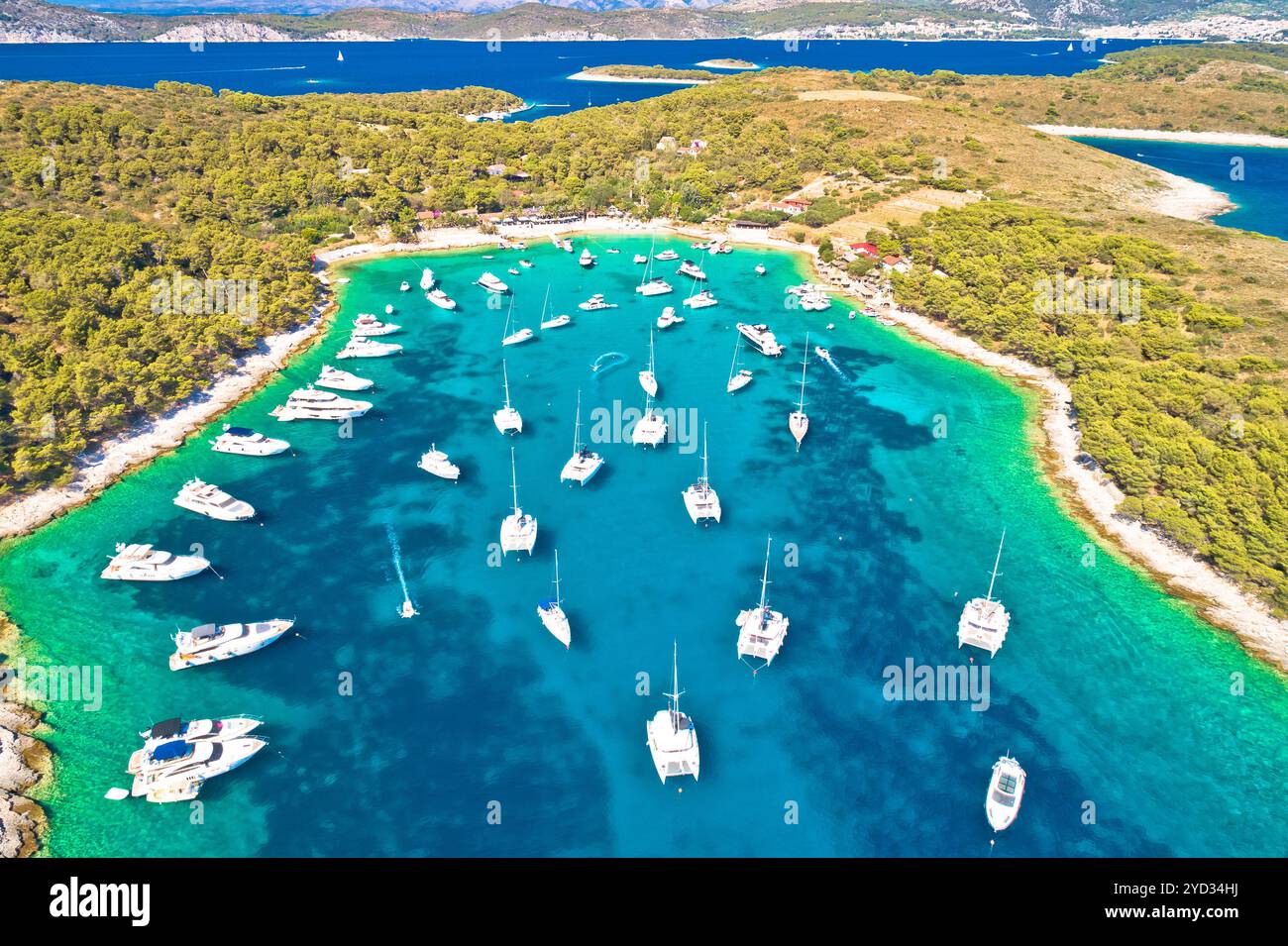 Aerial panoramic view of Palmizana, sailing cove and turquoise beach on ...